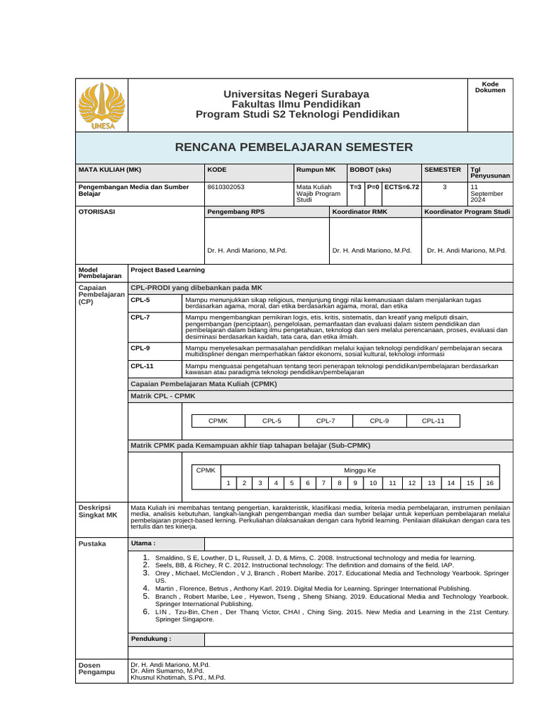 RPS Pengembangan Media Dan Sumber Belajar | PDF