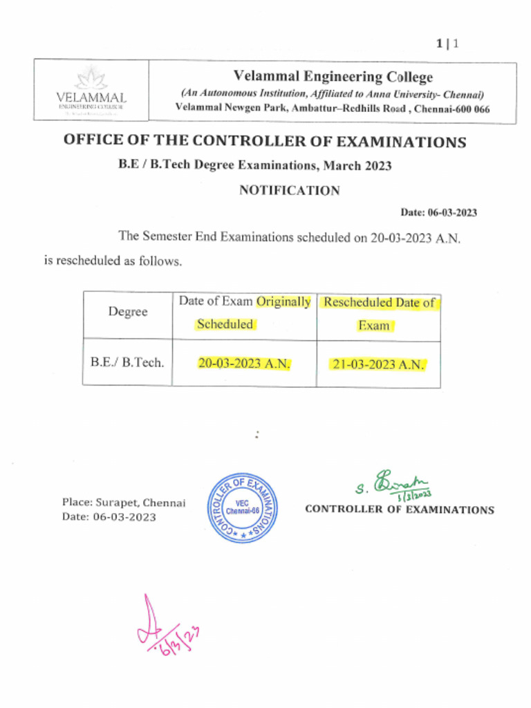 Reschedule Be Btech 20 03 2023 To 21 03 2023 | PDF