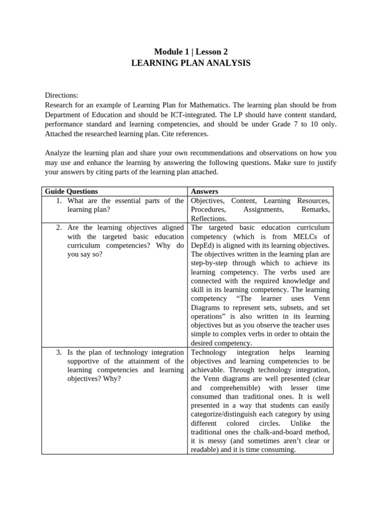 Module 1 - Lesson 2 - LEARNING PLAN ANALYSIS | PDF