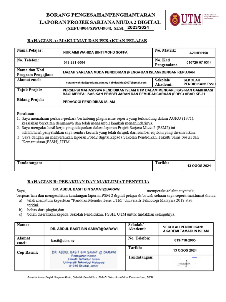 Borang Pengesahan Penghantaran Laporan PSM 2 Kakak | PDF