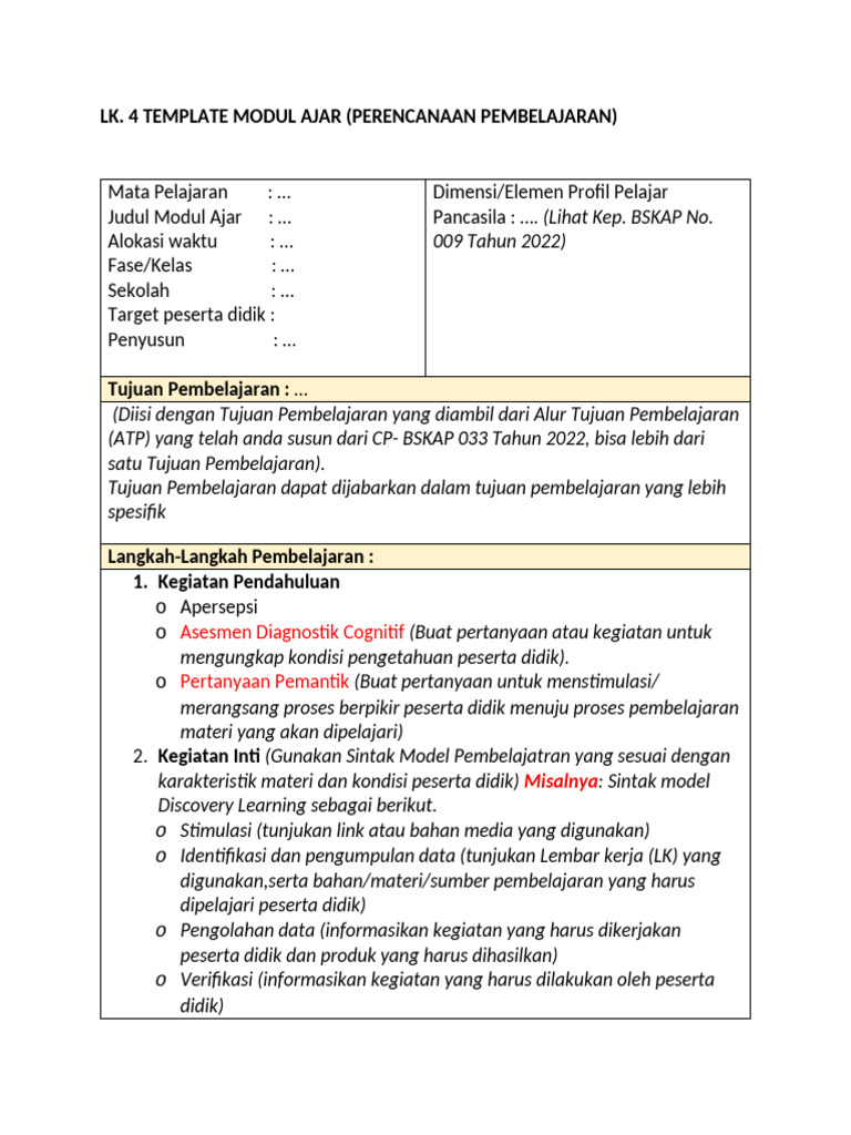 LK 4 Template Modul Ajar | PDF
