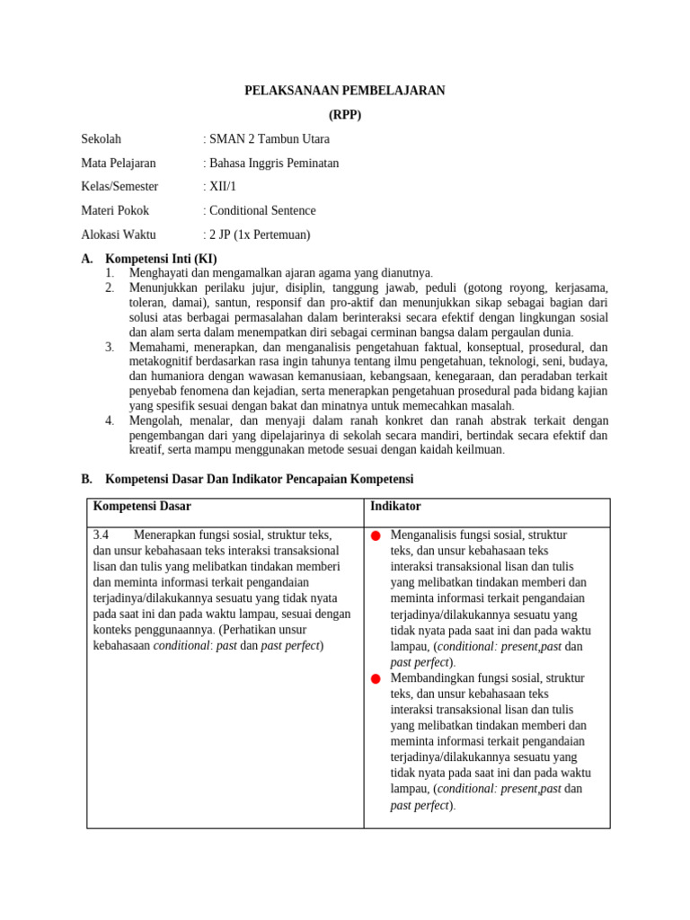 RPP Conditional Sentence Sri Agusrini | PDF | Human Communication | Language Arts & Discipline