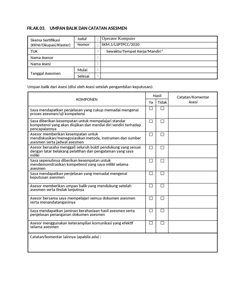 FR - Ak.03. Umpan Balik Dan Catatan Asesmen | PDF