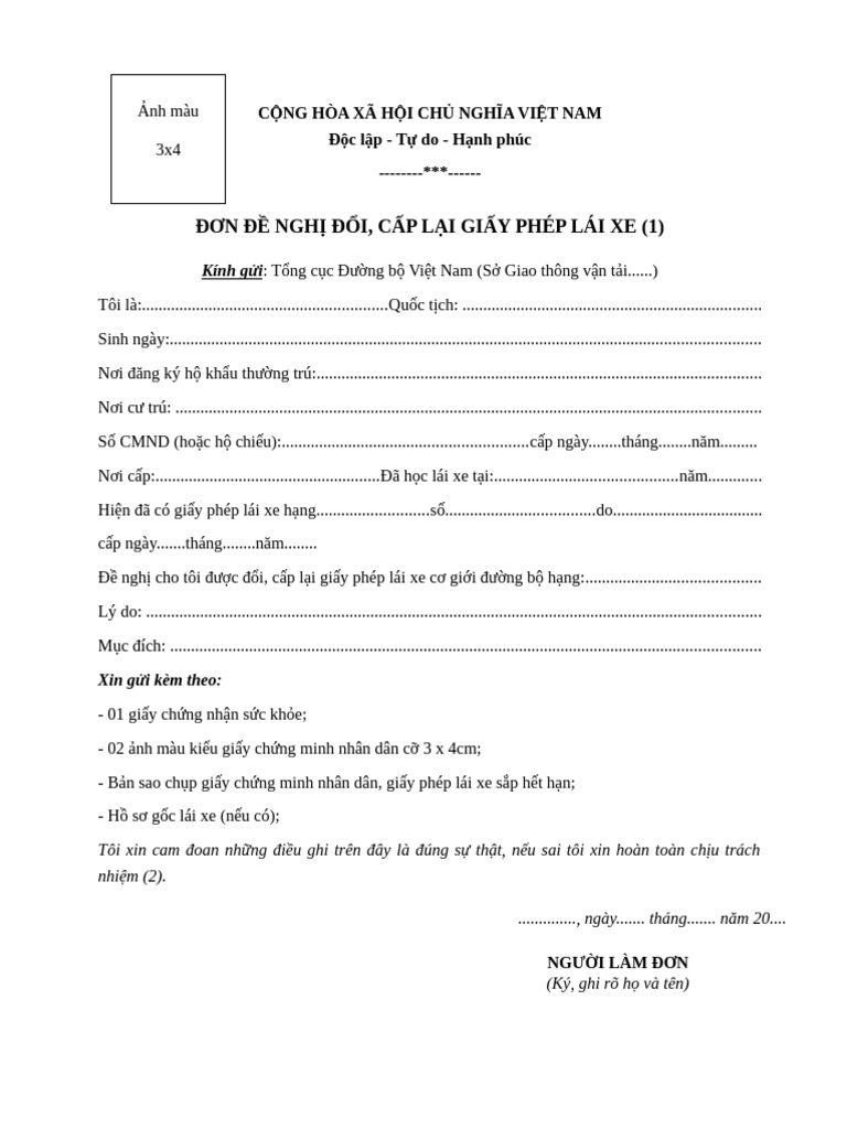 Mau Don de Nghi Doi Cap Lai Giay Phep Lai Xe | PDF