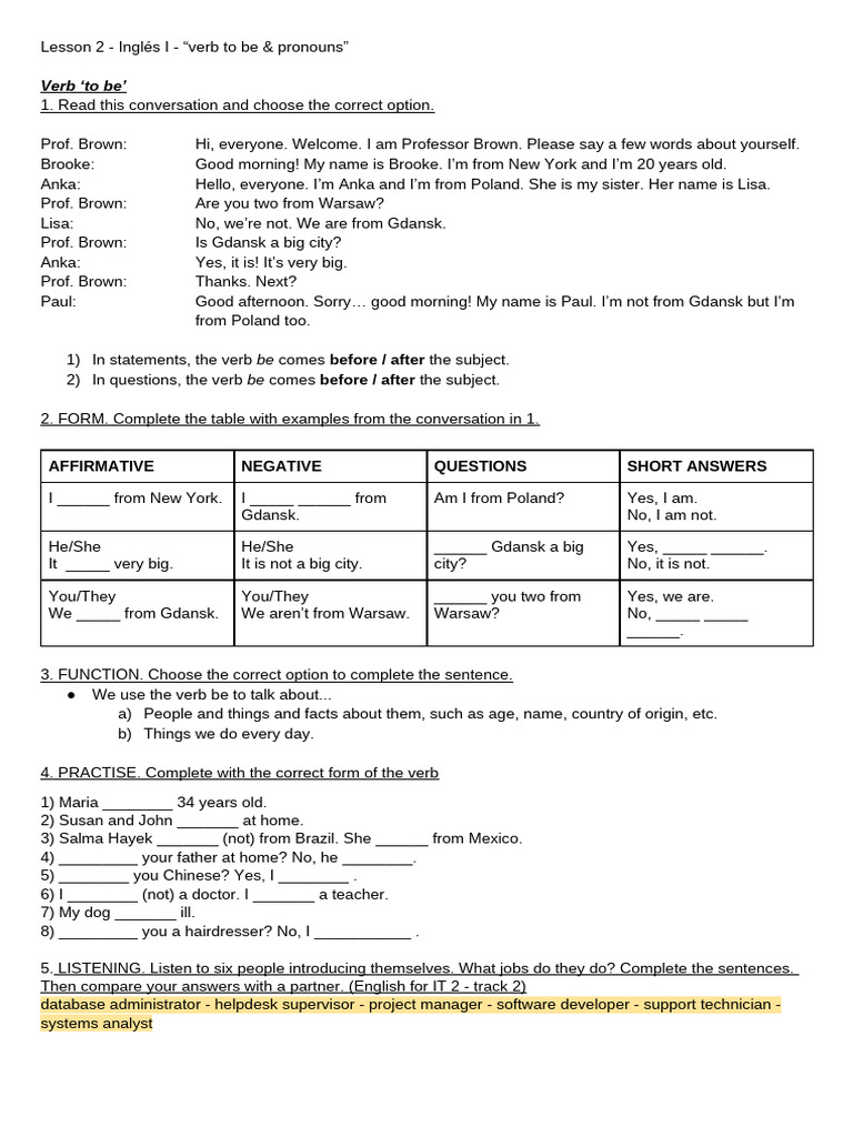 Lesson 2 - "Verb To Be, Pronouns Simple Present" | PDF