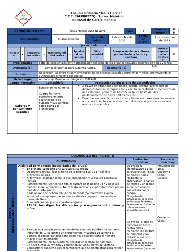 Formato de Planeación Saberes y Pensamiento Científico Proyecto 2 | PDF