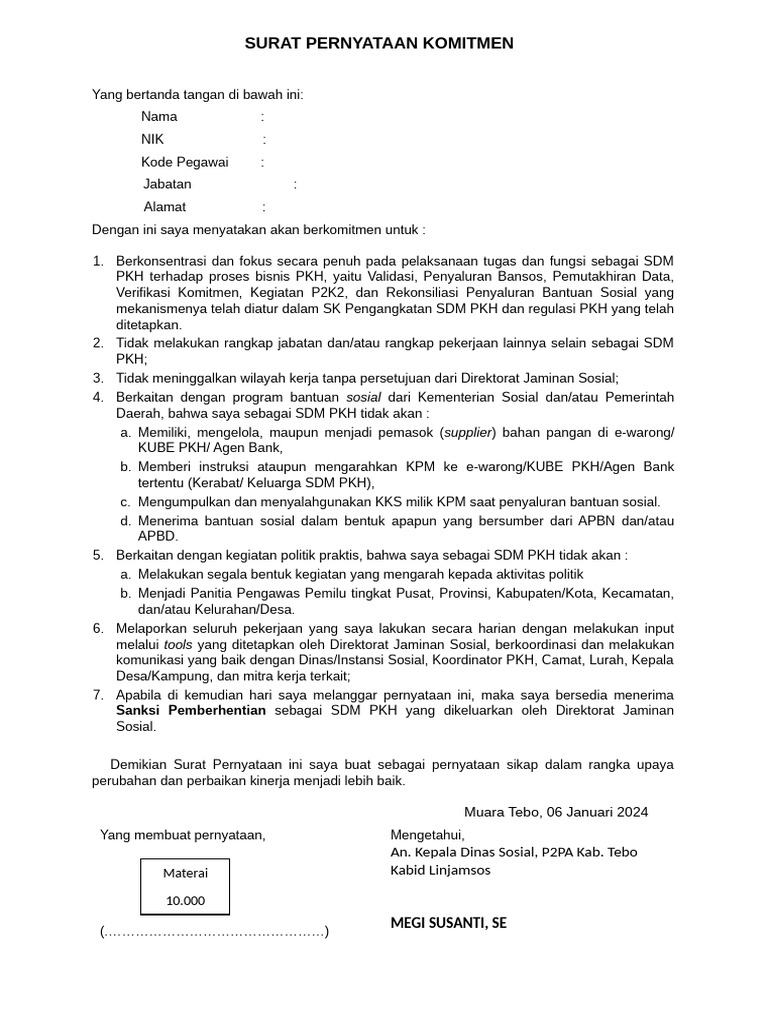Surat Pernyataan Komitmen, Kode Etik Dan SPTJM SDM PKH Tahun 2023-Tebo ...