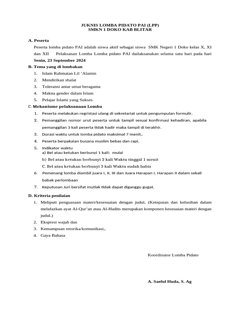 Juknis Lomba Pidato Pai 2024 | PDF