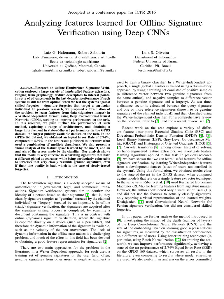 Analyzing Features Learned For Offline Signature Verification Using Deep Cnns | PDF