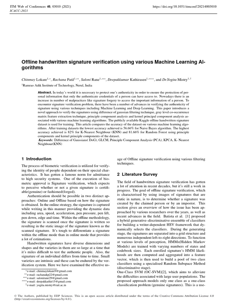 Offline Handwritten Signature Verification Using Various Machine Learning Al-Gorithms | PDF