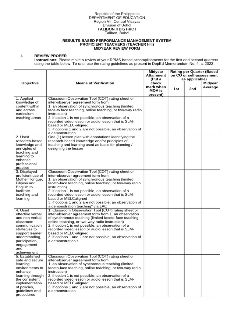 Midyear Review Form Talibon Ii District | PDF | Learning | Teachers