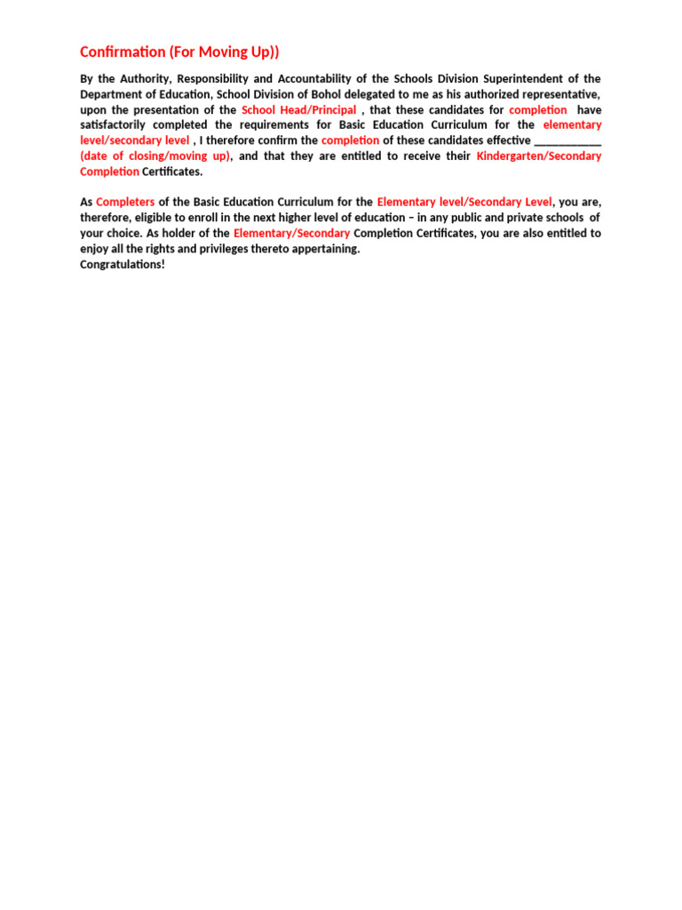 Confirmation For Completers | PDF