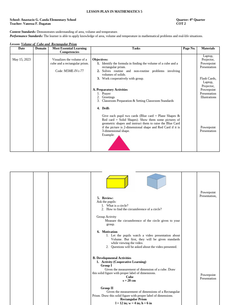 Volume of Cube and Prism Lesson Plan | PDF | Volume | Length