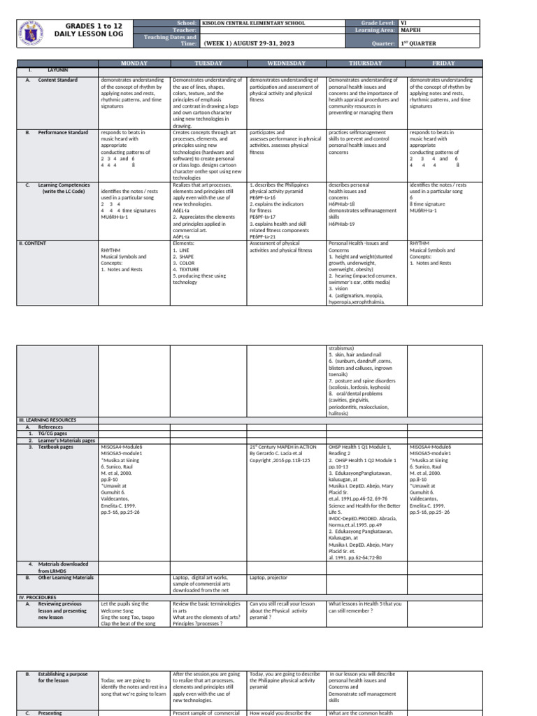 DLL_MAPEH 6_Q1_W1 | PDF
