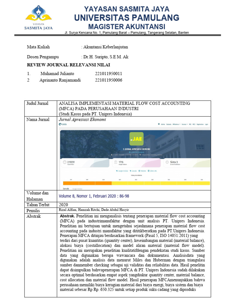 Review Jurnal MFCA - PT. Unipres Indonesia | PDF