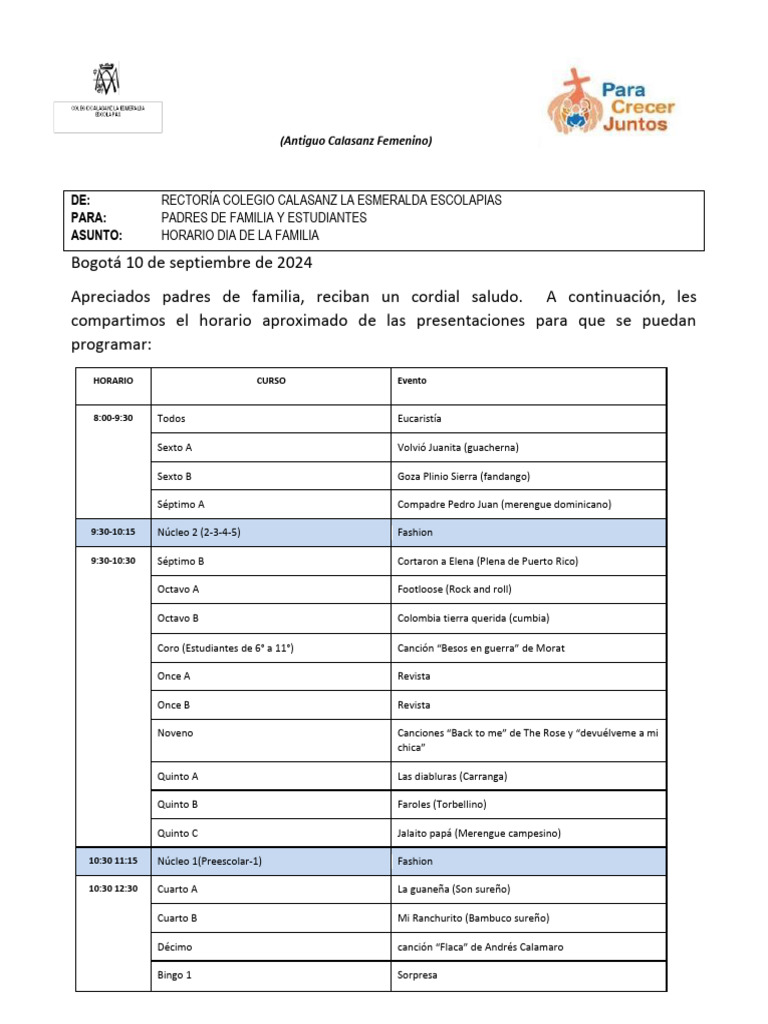 Circular No.059 Horario Dia de La Familia | PDF
