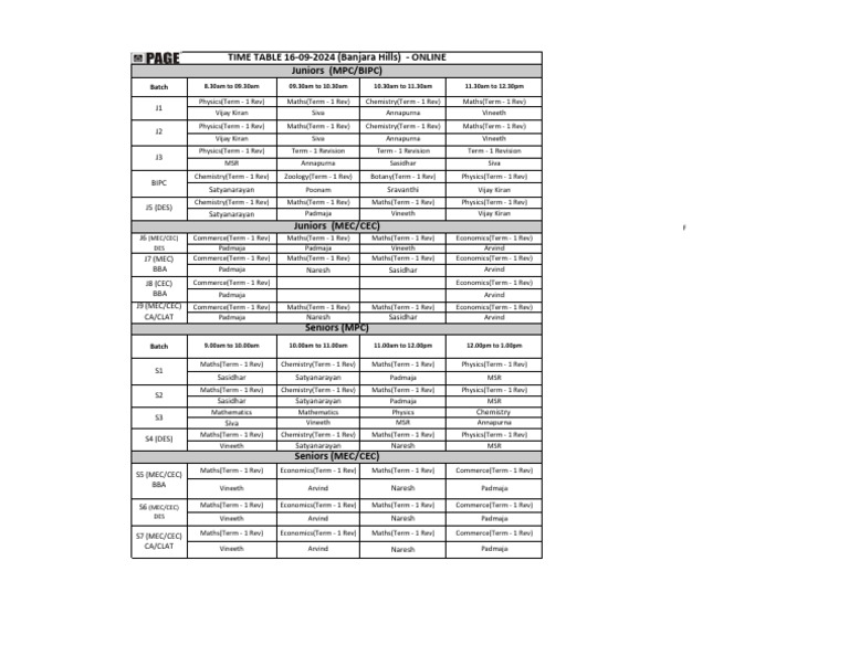 Jr & Sr Timetable 16-09-2024 (Online) | PDF