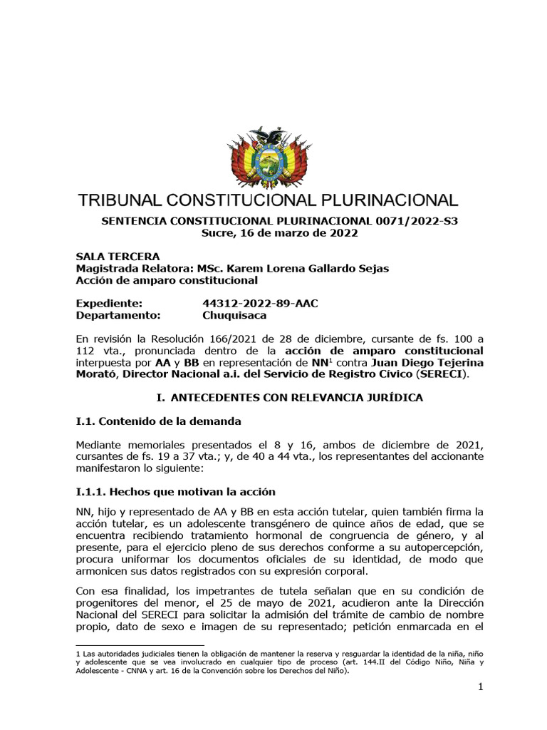 SCP - 0071 - 2022-S3 - Identidad de Género de NNA | PDF