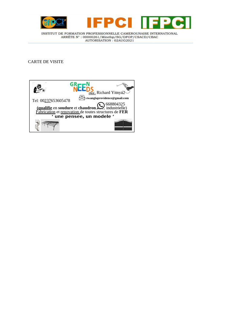 CARTE DE VISITE Profes | PDF