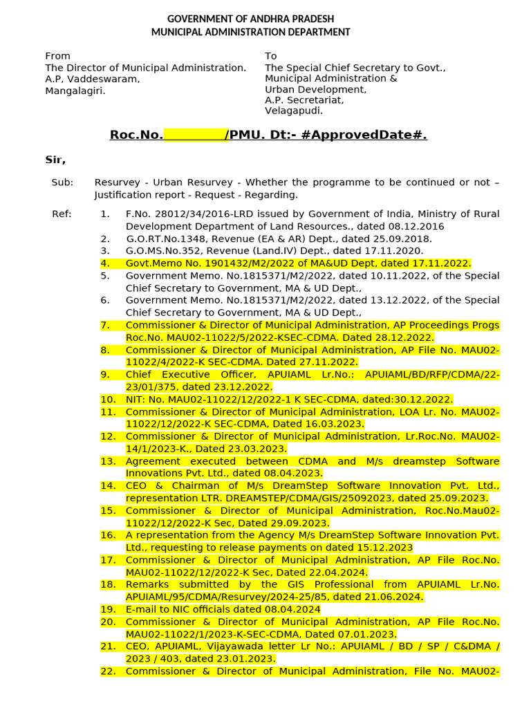 Urban Resurevy Status Report Draft Letter Gopi Draft - Reg | PDF