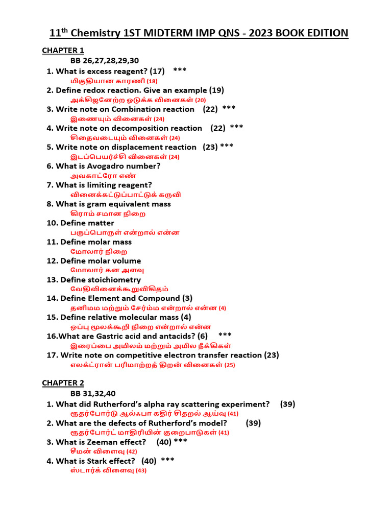 11th Chemistry 1st Mid Term Imp Qns | PDF | Gases | Science & Mathematics