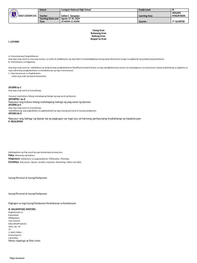 DLL Araling Panlipunan 10 Q1 W6 | PDF | Career & Growth