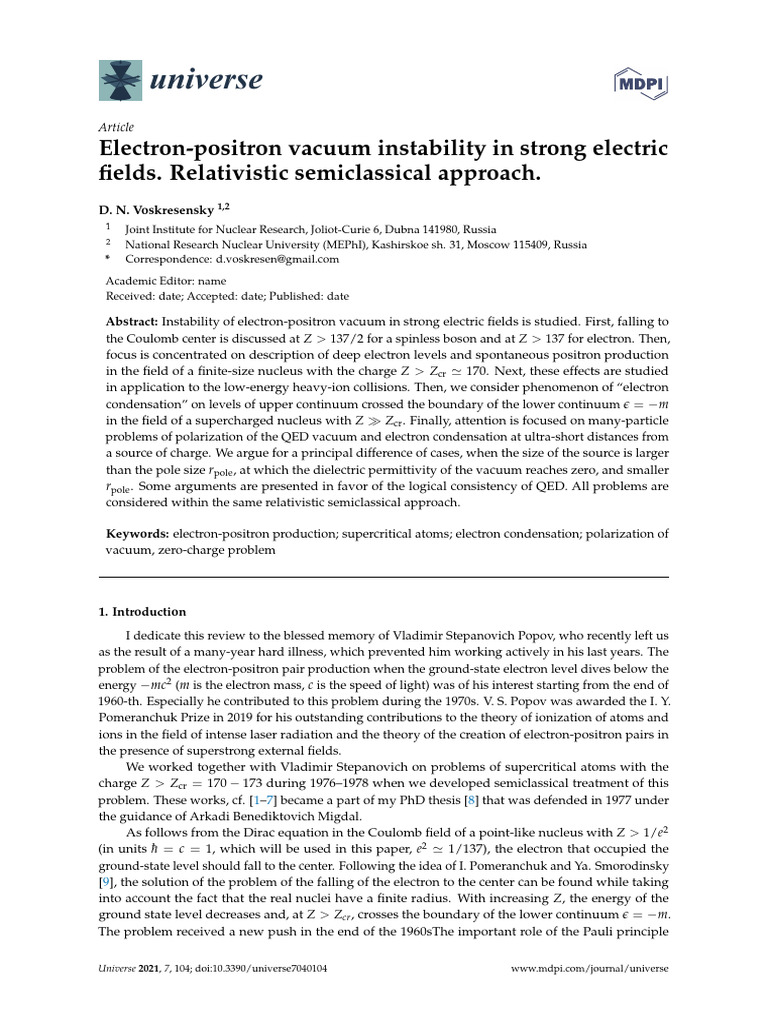 Universe: Electron-Positron Vacuum Instability in Strong Electric Fields. Relativistic ...