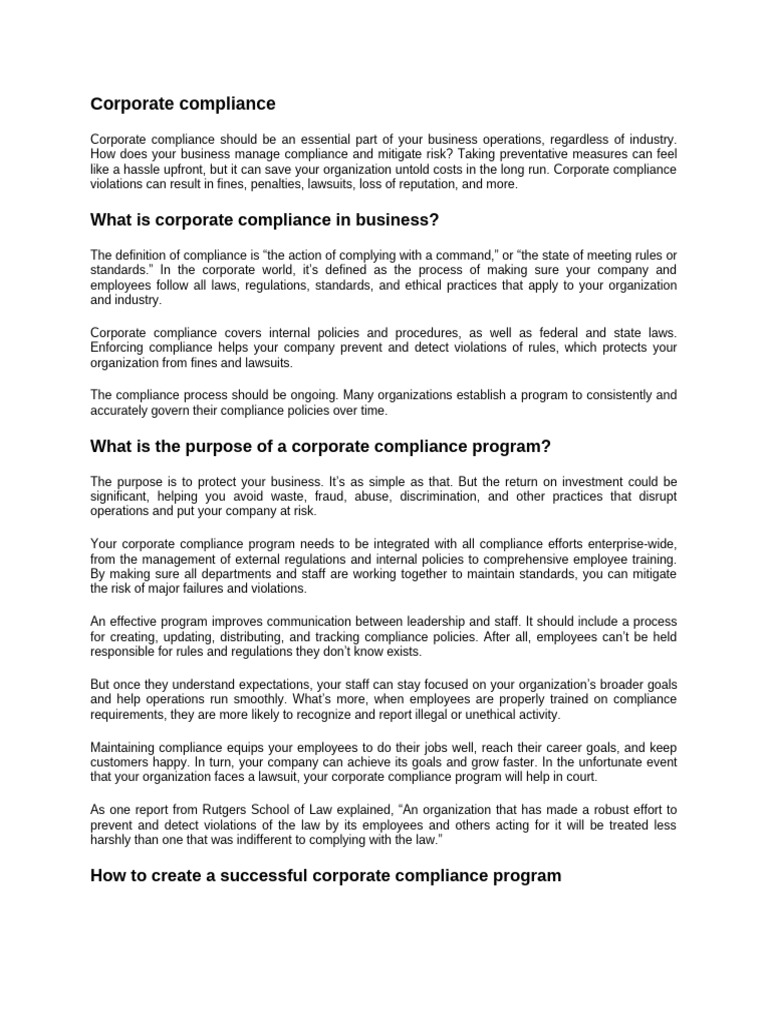 Corporate Compliance | PDF | Regulatory Compliance | Risk