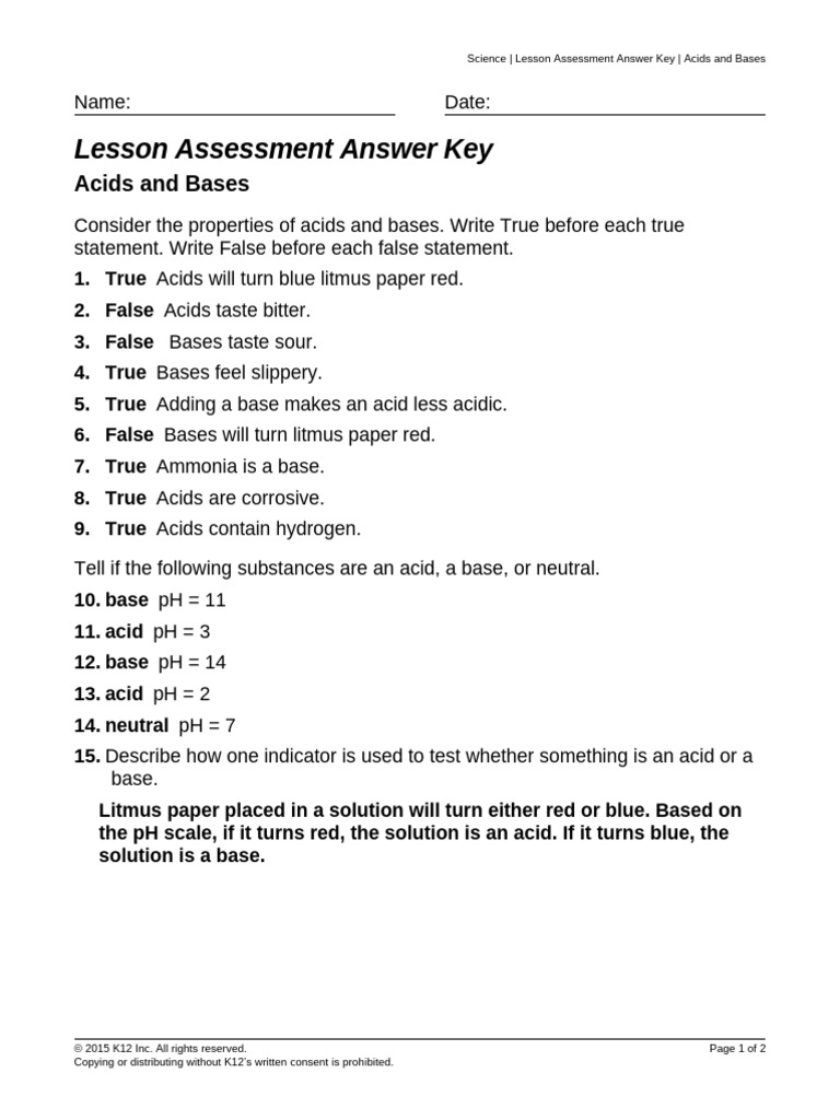 Lesson Assessment Answer Key: Acids and Bases | PDF
