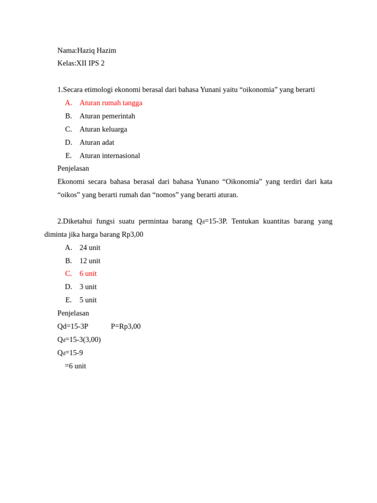 Haziq Hazim XII IPS 2 Ekonomi Remed | PDF