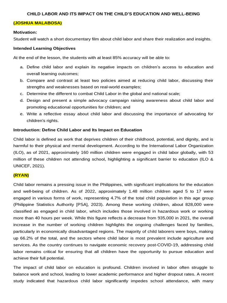 Child Labor and Its Impact On Education Sse 200 | PDF | Child Labour ...