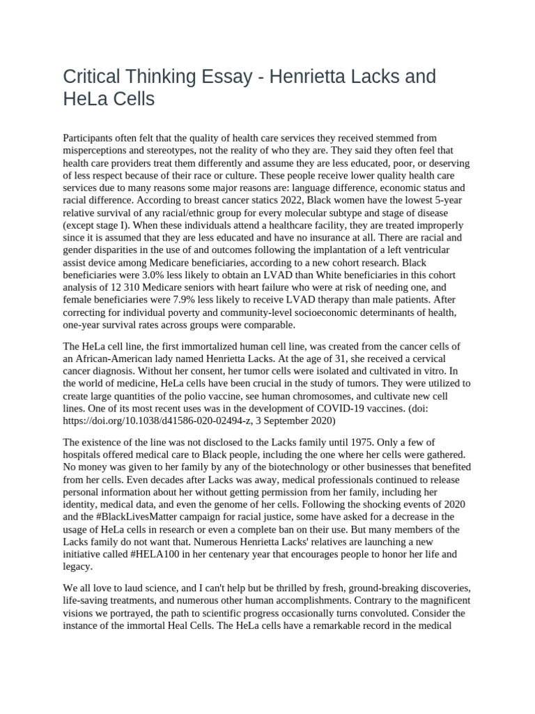 BIO 160- Critical Thinking Essay - Henrietta Lacks and HeLa Cells | PDF