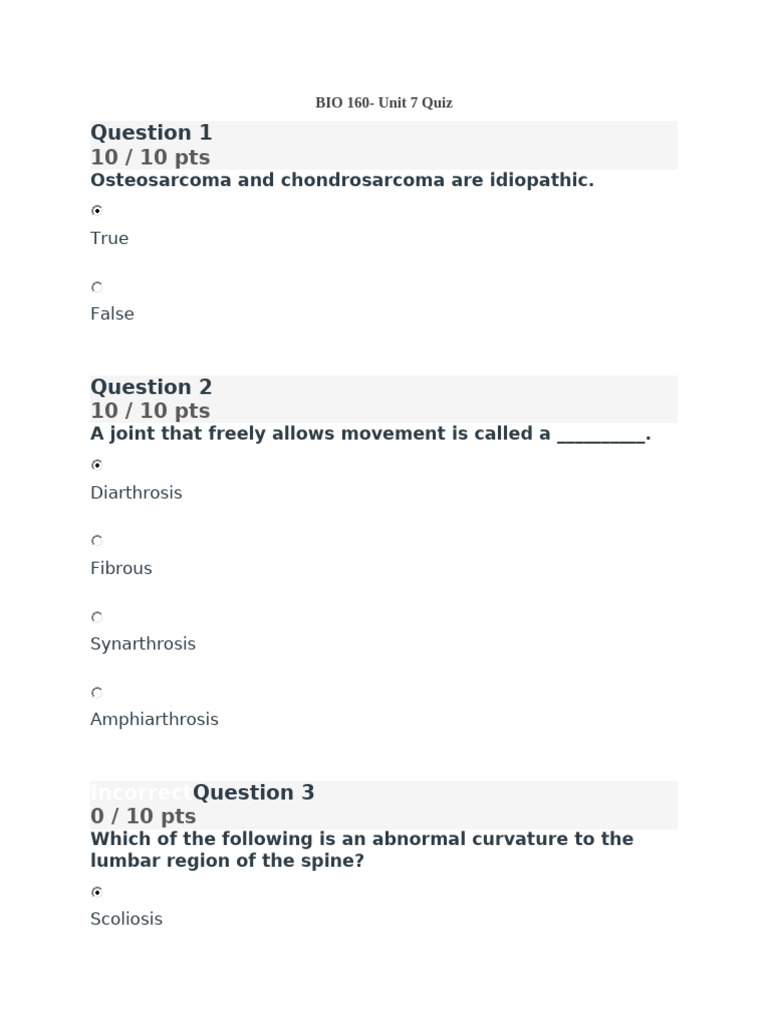 BIO 160- Unit 7 Quiz | PDF