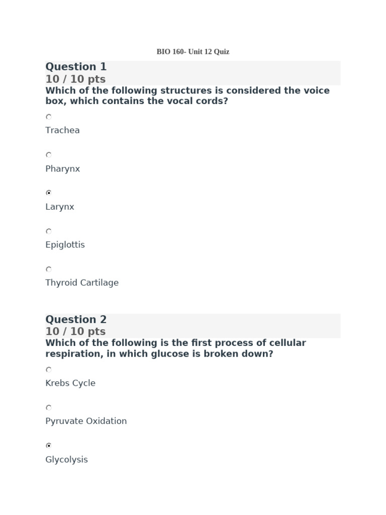 BIO 160- Unit 12 Quiz | PDF