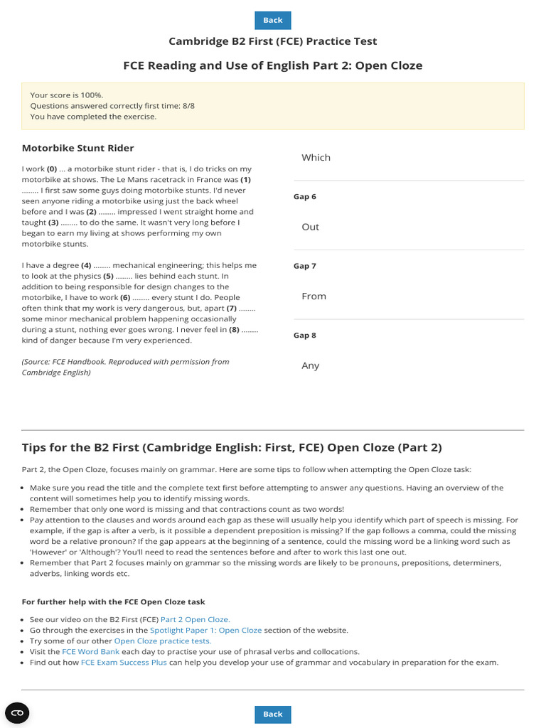 Cambridge B2 First (FCE, First Certificte in English) Part 2 Open Cloze ...