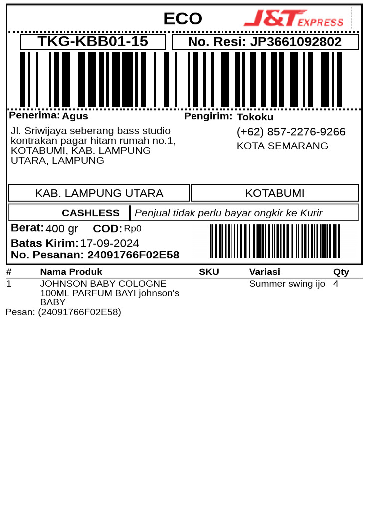 TKG-KBB01-15: No. Resi: JP3661092802 | PDF