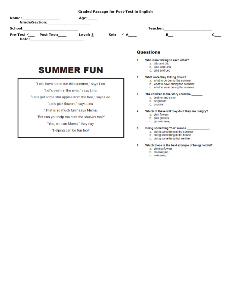 Pre Test ENGLISH Philiri Graded Passage | PDF