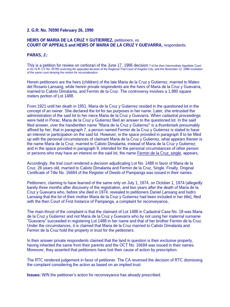 Maria G. de La Cruz vs. Court of Appeals, G.R. No. 76590, February 26 ...
