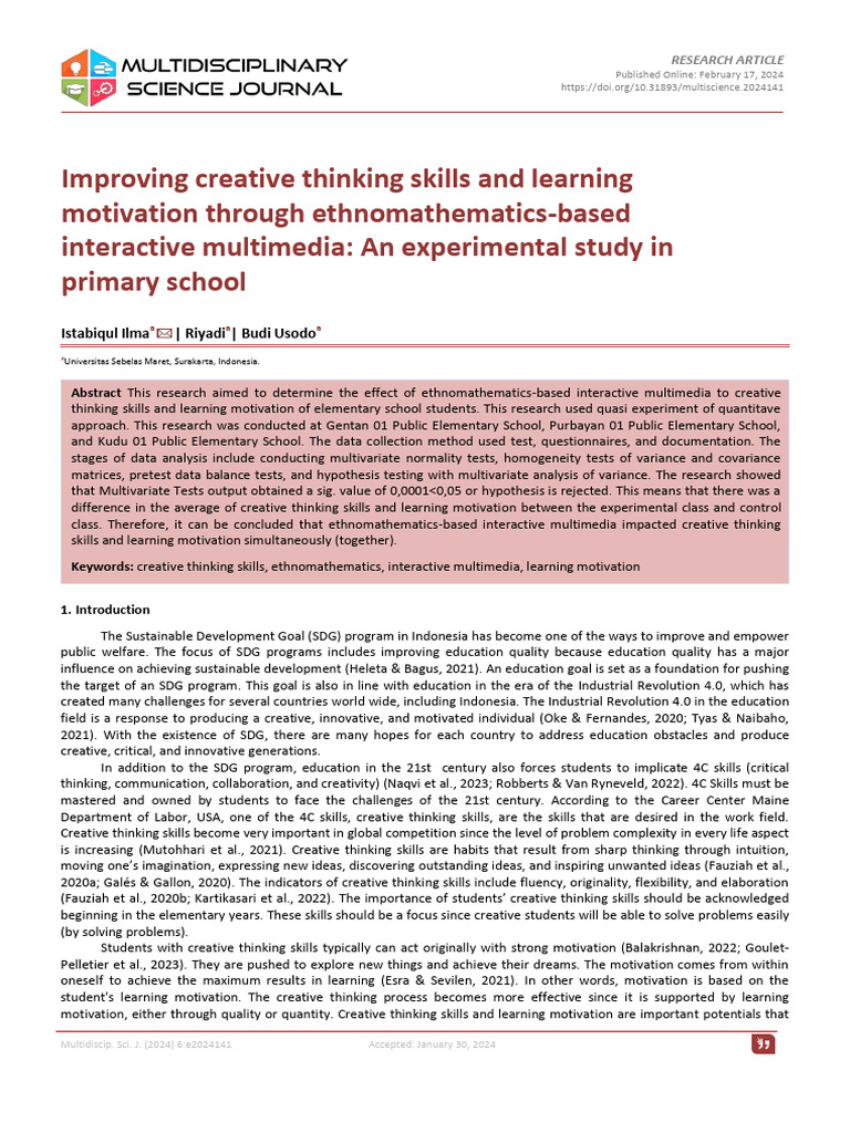 improving creative thinking skills and learning motivation through ethnomathematics-based ...