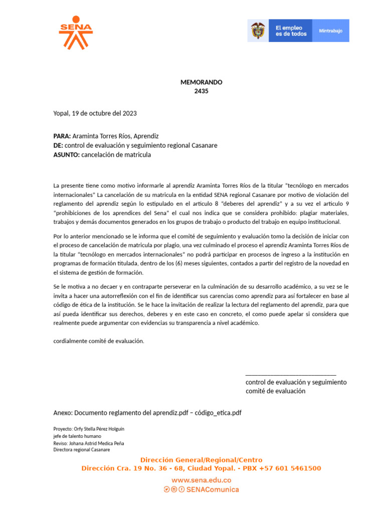 Memorando 3 Cancelacion de Matricula | PDF