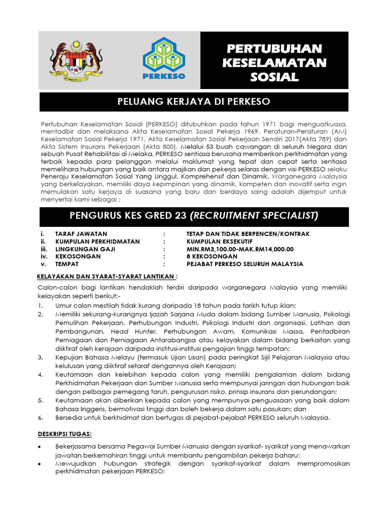 Iklan Jawatan PERKESO | PDF