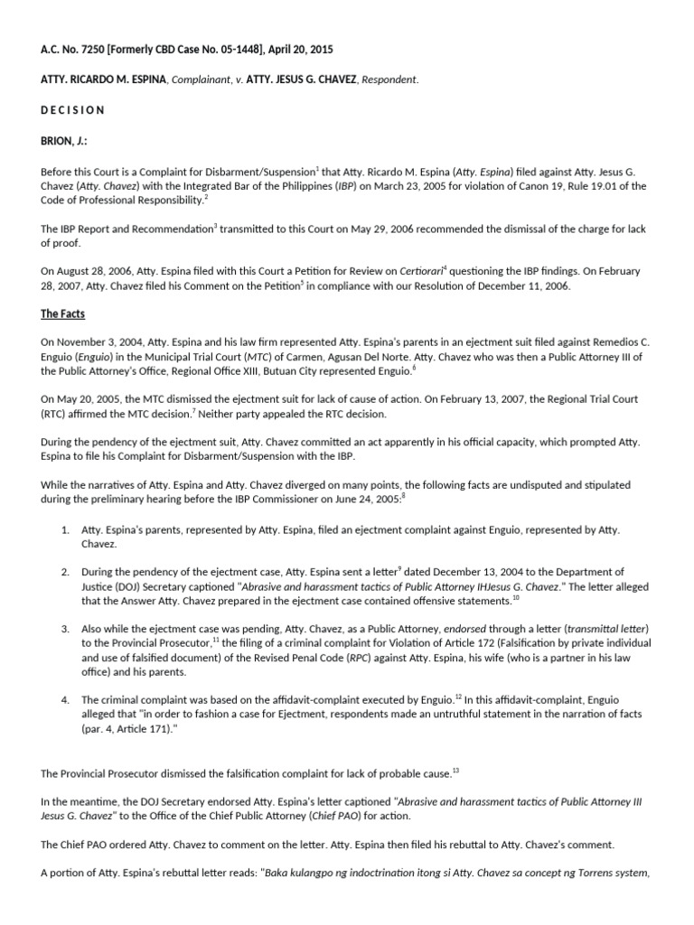 #7 Espina Vs Chavez (A.C. No. 7250) | PDF | Complaint | Prosecutor