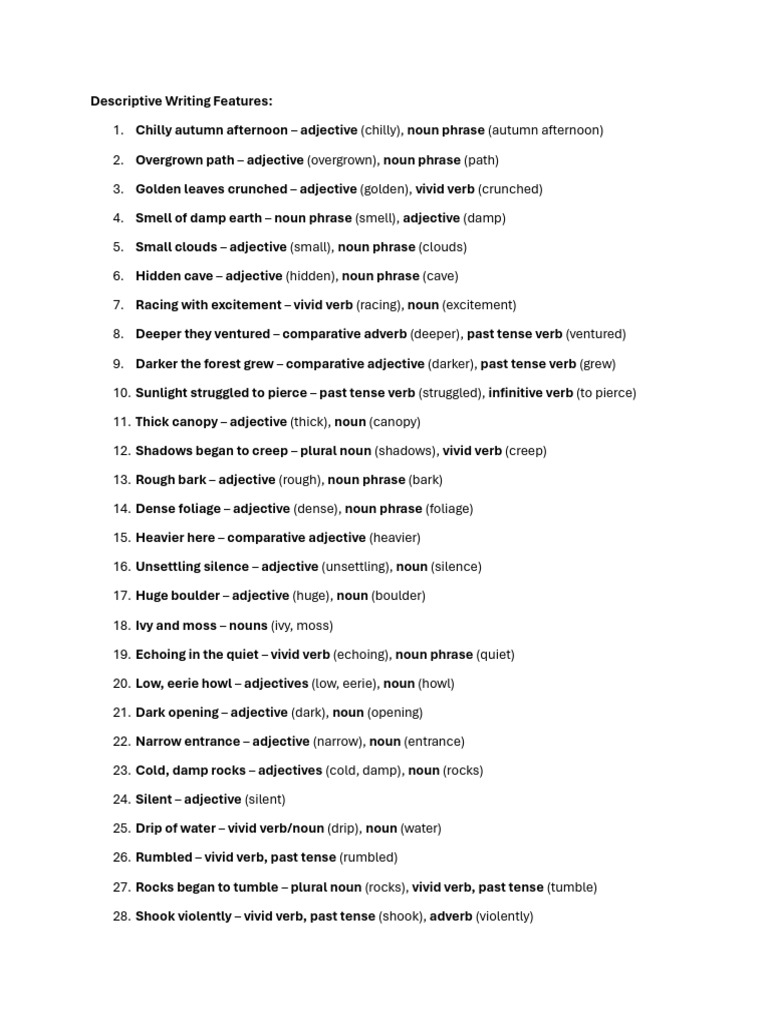 Narrative and Descriptive Writing Features | PDF