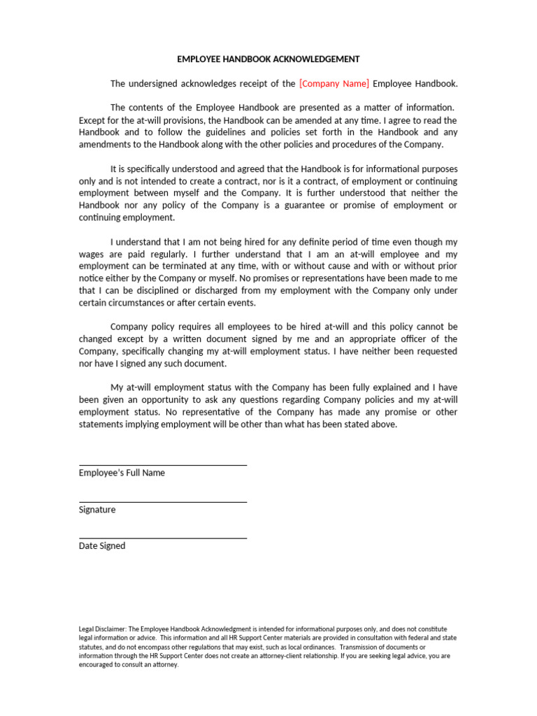Employee Handbook Acknowledgment-1-1 | PDF