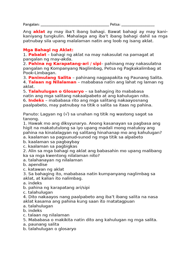 Bahagi NG Aklat Final Worksheet | PDF