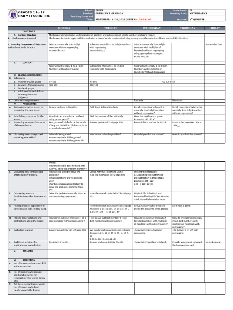 DLL - Mathematics 3 - Q1 - W8 | PDF | Learning | Teaching Methods & Materials