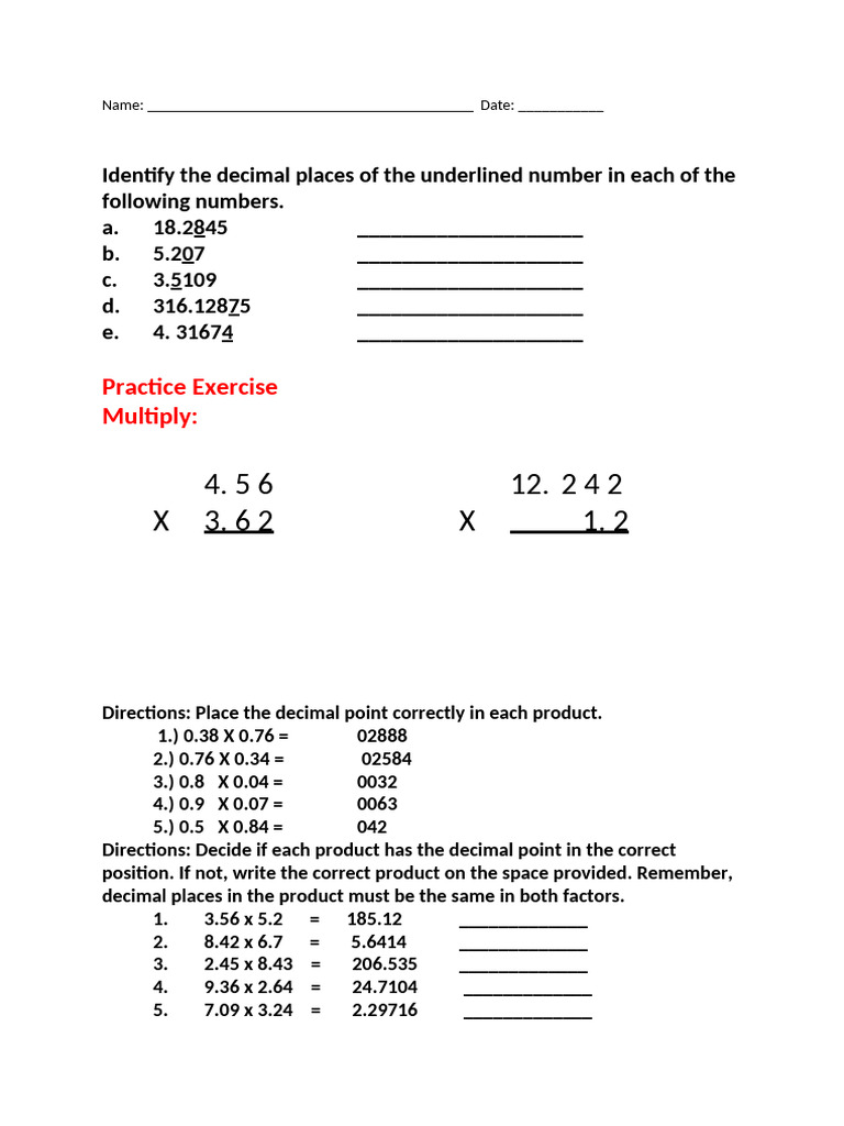 Decimal and Multiplication Exercises | PDF