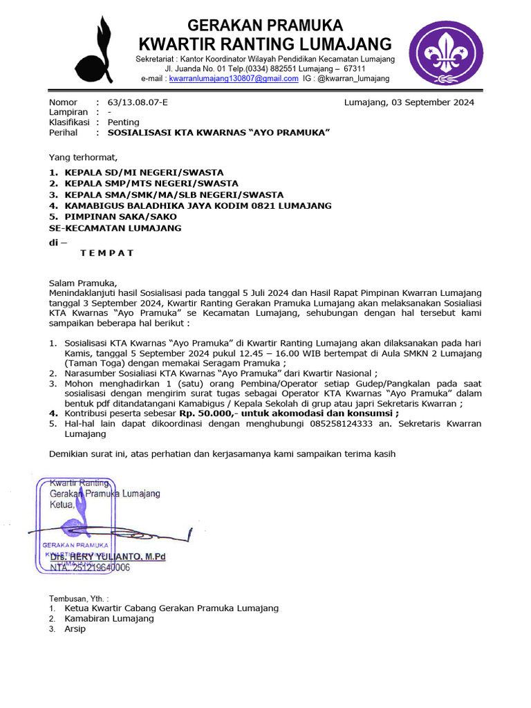 Surat Undangan Sosialisasi KTA Kwarnas Ayo Pramuka - Kwarran Lumajang ...