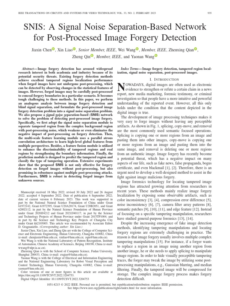 SNIS A Signal Noise Separation-Based Network For Post-Processed Image Forgery Detection | PDF