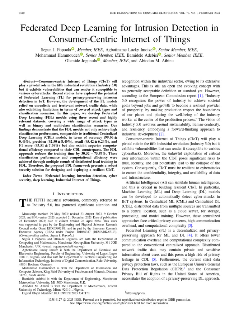 Federated Deep Learning For Intrusion Detection in Consumer-Centric Internet of Things | PDF